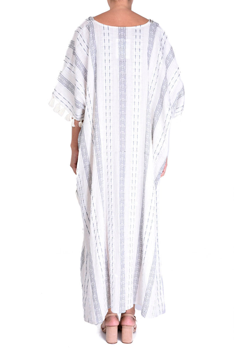 Long Cotton, Jacquard Kaftan with Embroidery - Ecru 2 - whola