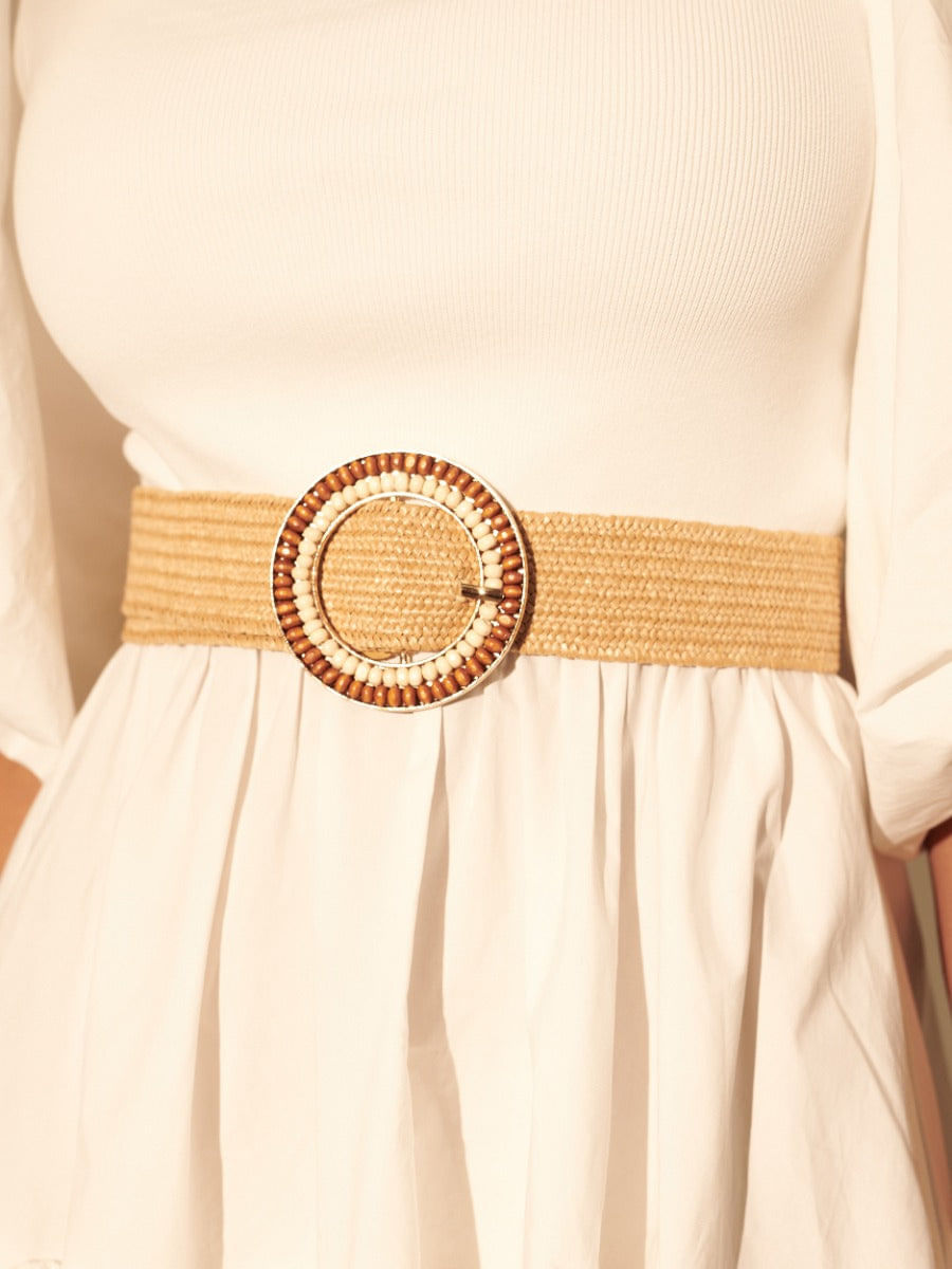 BEADS CIRCLE POINT BUCKLE STRAW BELT - whola