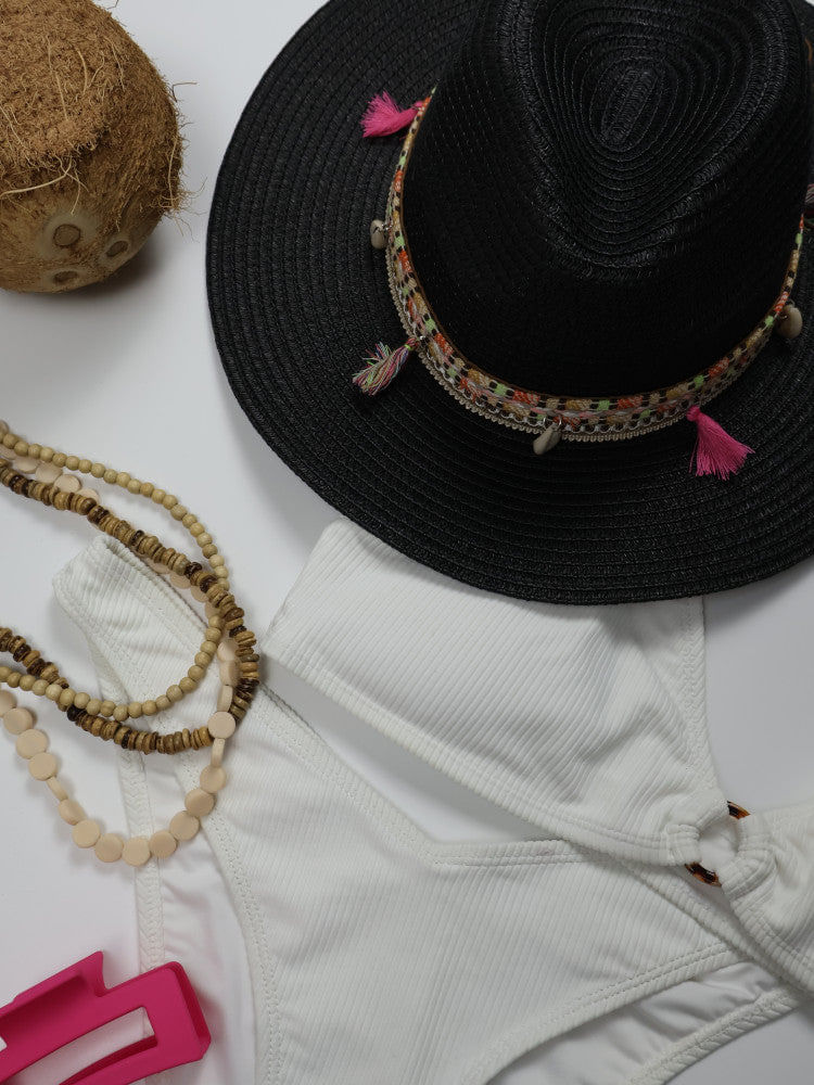 Fedora Shell + Tassel Sun Hat - Ibiza - Black - whola