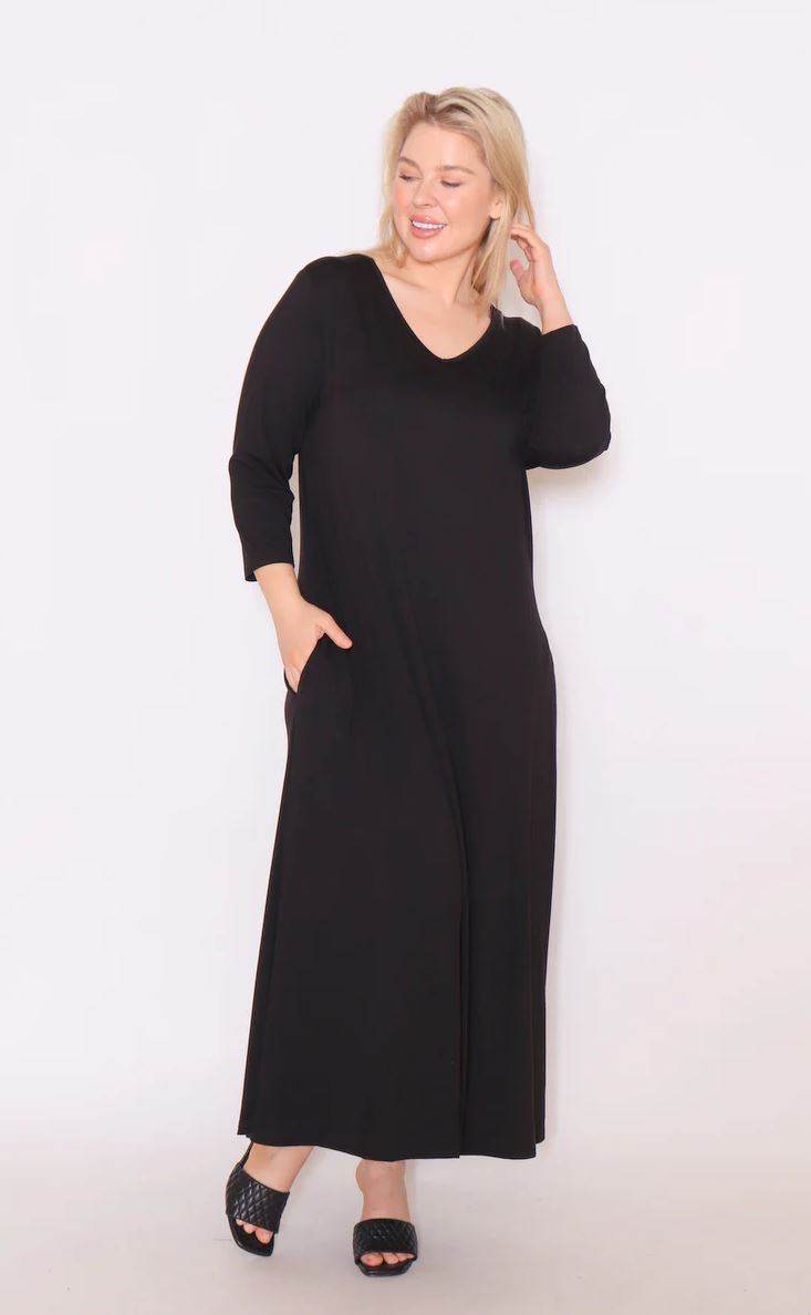 CV Basics Bamboo Cassis A-Line Pockets Dress Black - whola