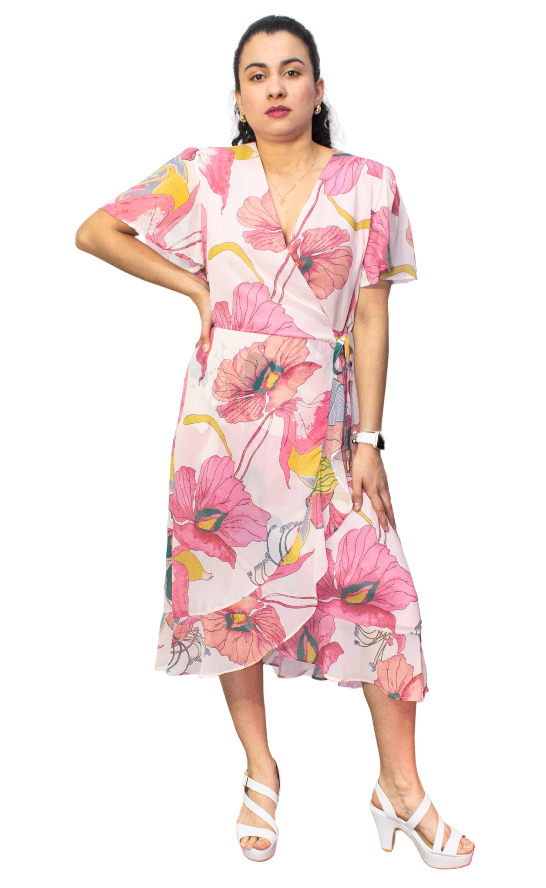 POLYESTER Pink Floral V-Neck Layered Flared Wrap Dress - whola