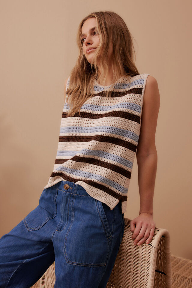MARGOT MESH KNIT TANK ECRU CHALK CHOC STRIPE - whola